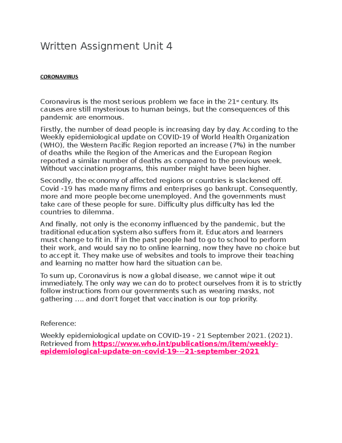 Written Assignment Unit 4 Corona Virus - Written Assignment Unit 4 ...