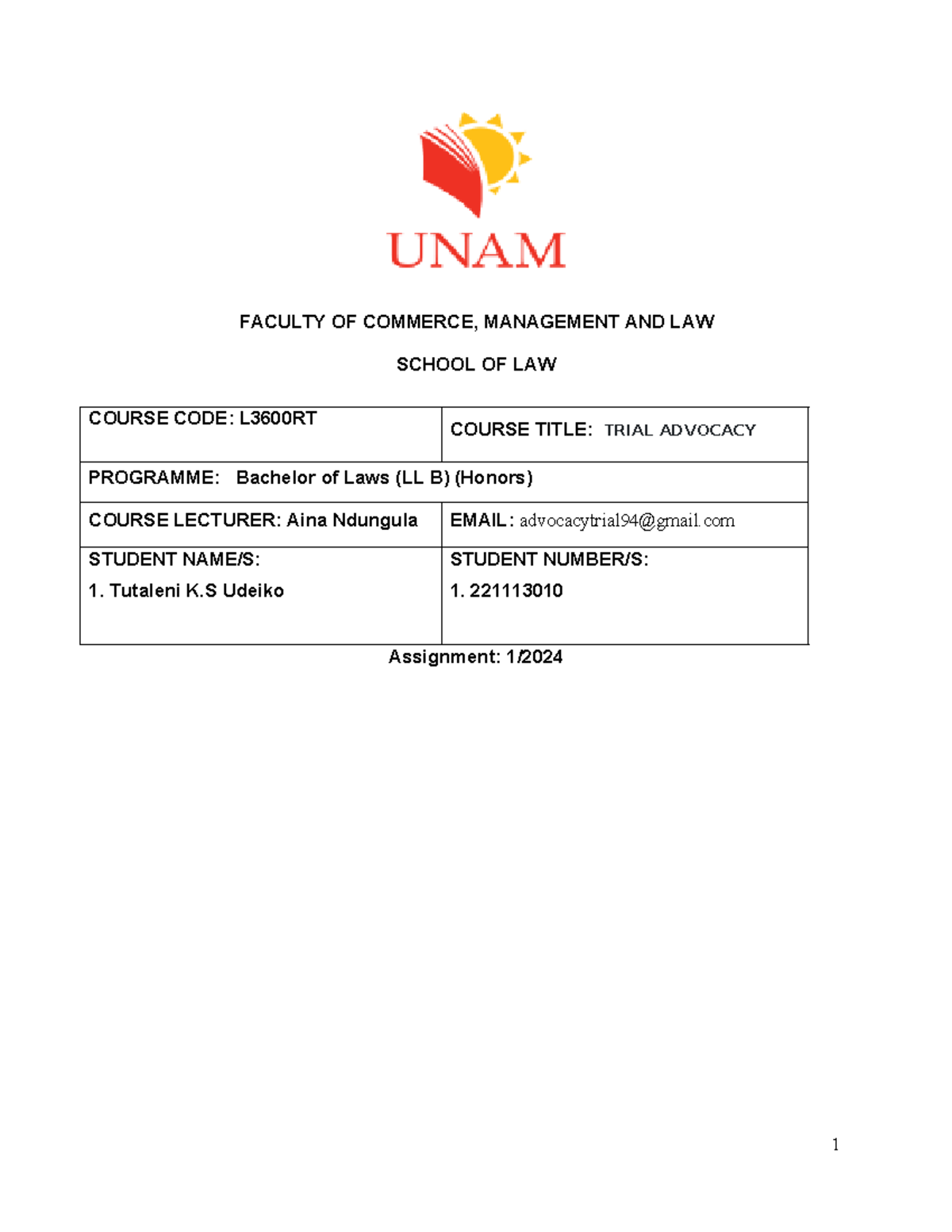 Assignment 1 Court Observation report sheet - FACULTY OF COMMERCE ...