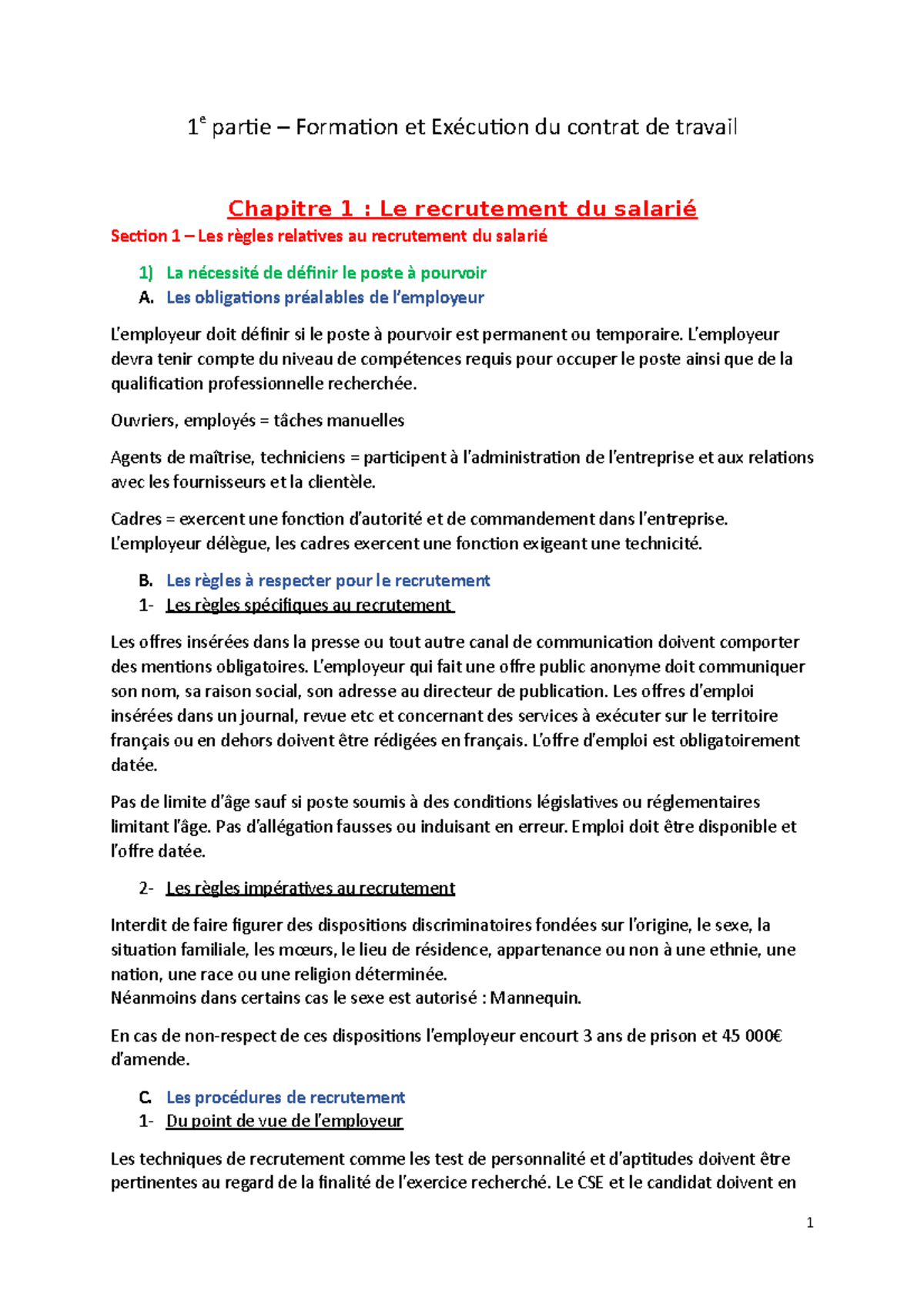 1ere Partie Formation et Execution du contrat de travail - 1 e partie ...