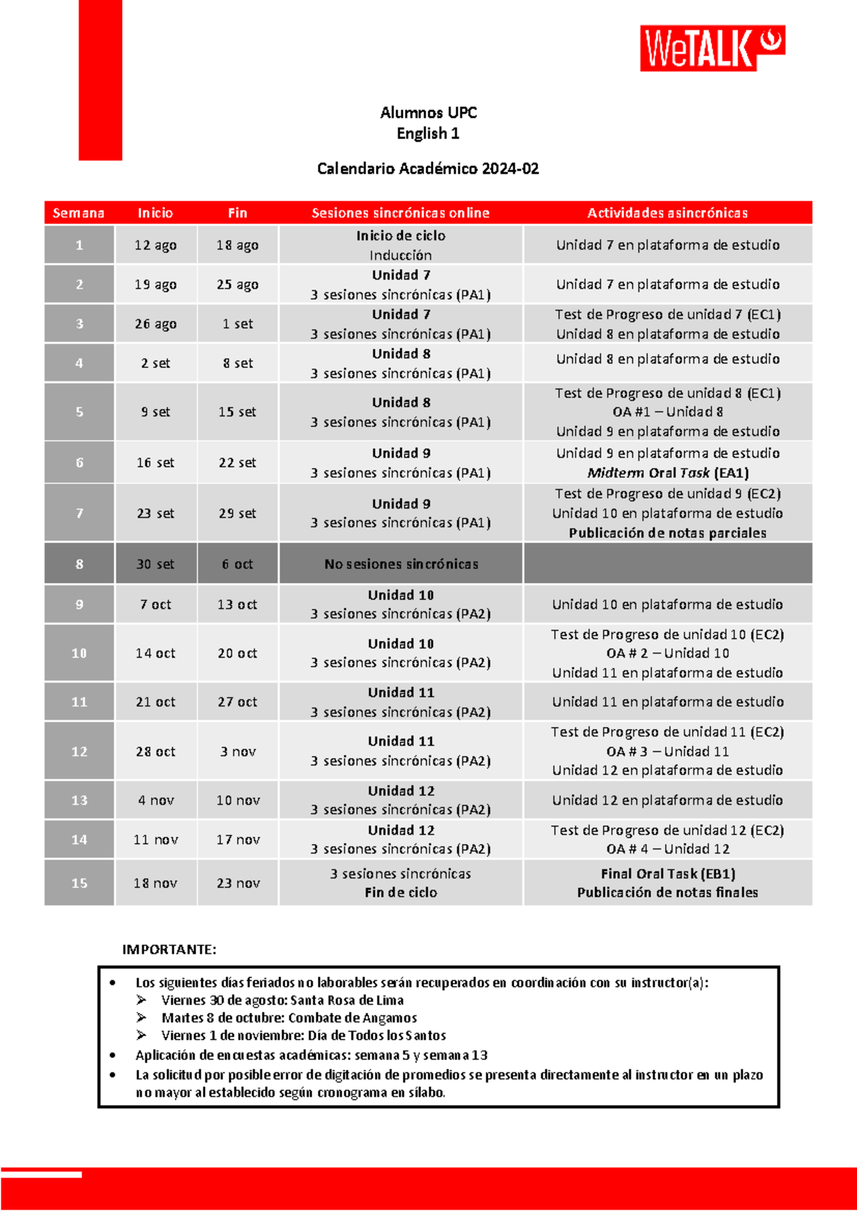 E1 Calendario Alumnos UPC 2024-02 - Alumnos UPC English 1 Calendario ...