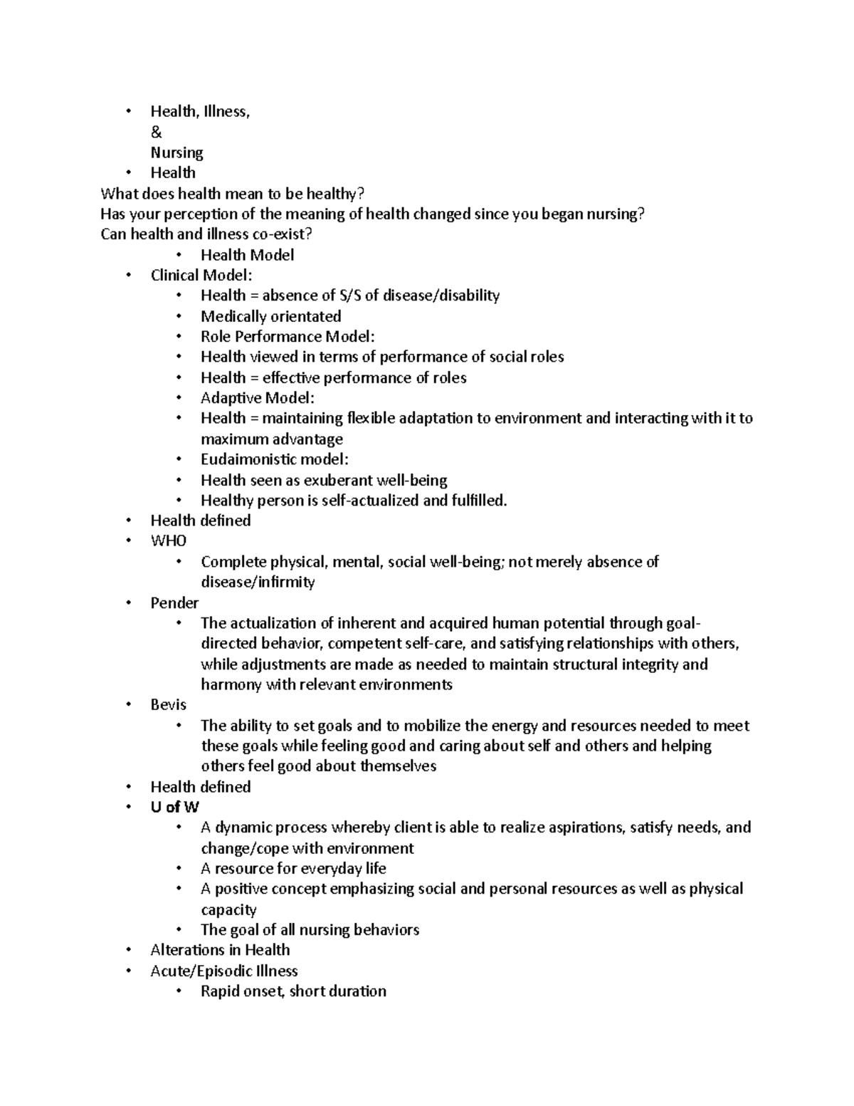 Health - Lecture notes 2 - Health, Illness, Nursing Health What does ...