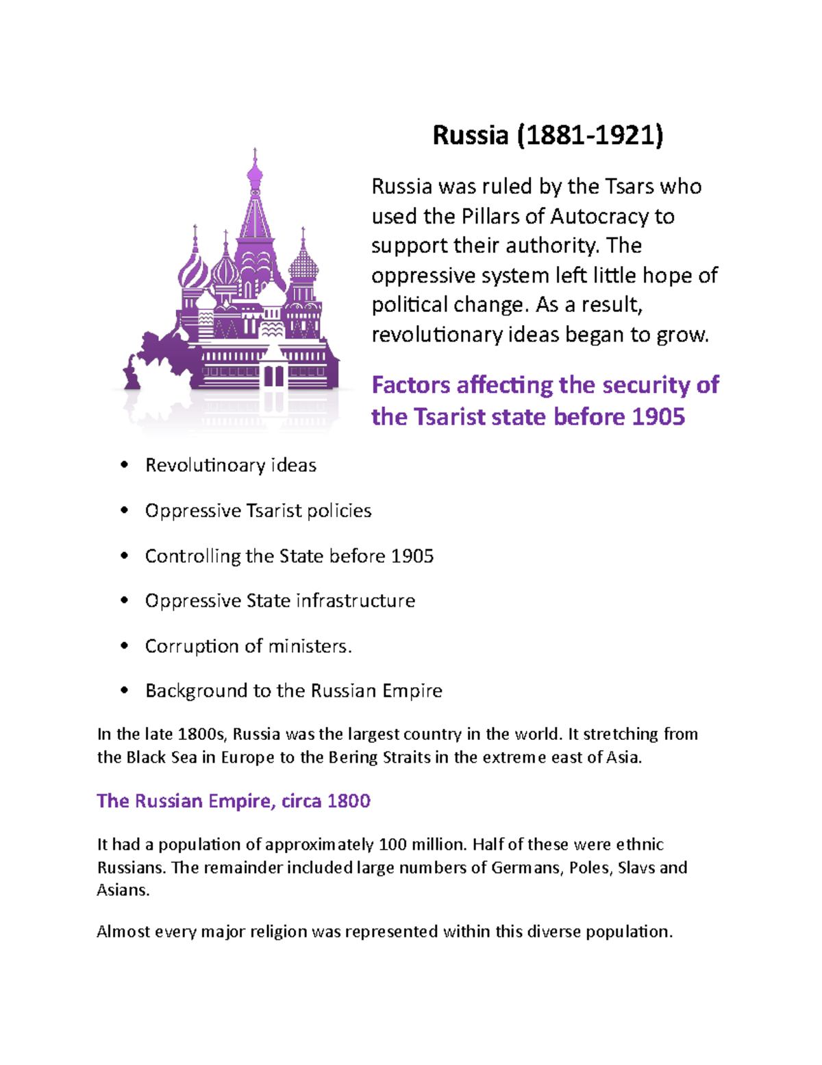 Russian history and the tsarist state - Russia (1881-1921) Russia was ...