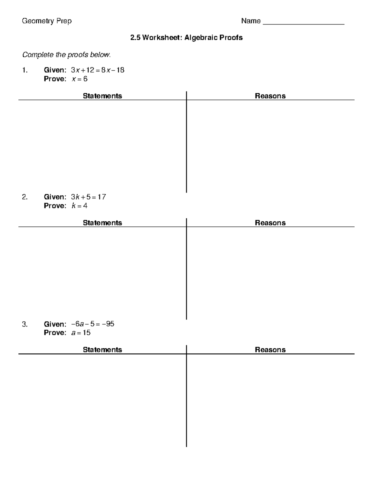 Algebric-proofs - Geometry Prep Name ____________________ 2 Worksheet ...