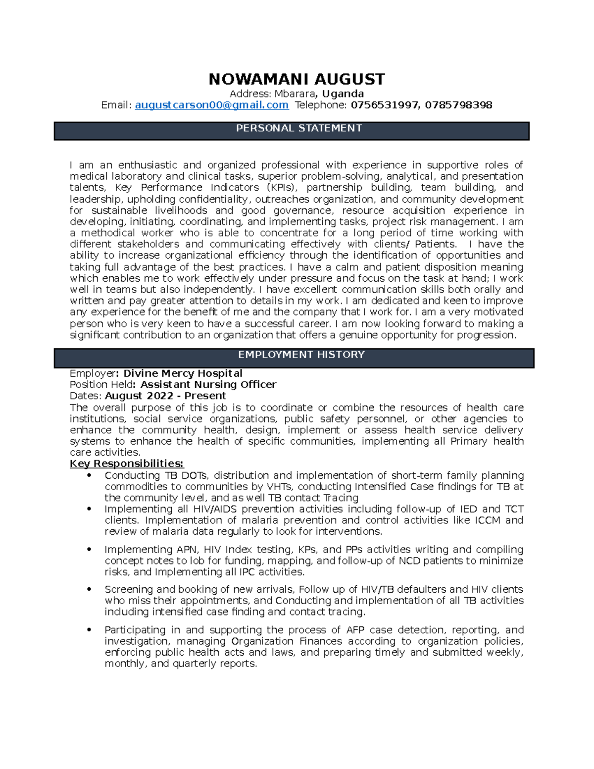 Curriculum Vitae August - NOWAMANI AUGUST Address: Mbarara, Uganda ...