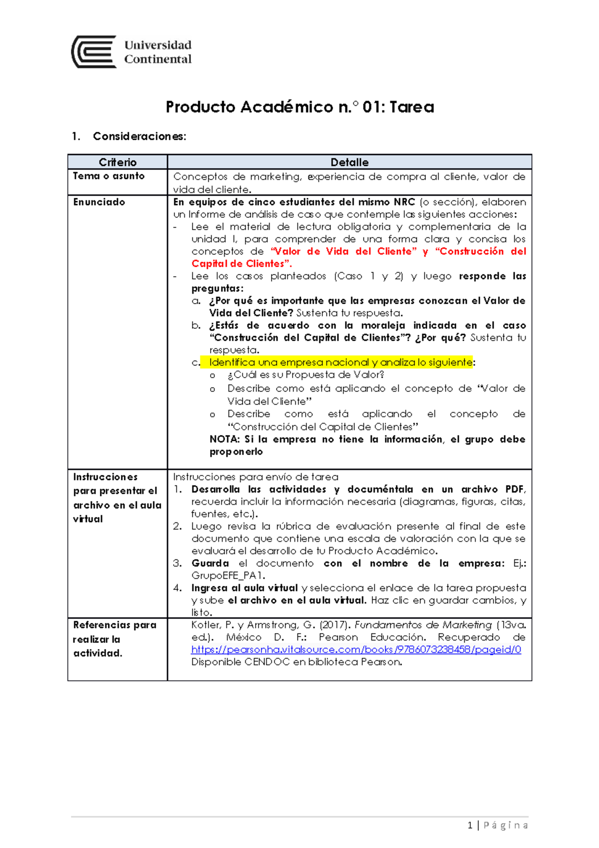 Producto académico 01 Fundamentos de Marketing 2020 10B - Producto Académico n.° 01: Tarea 1 ...