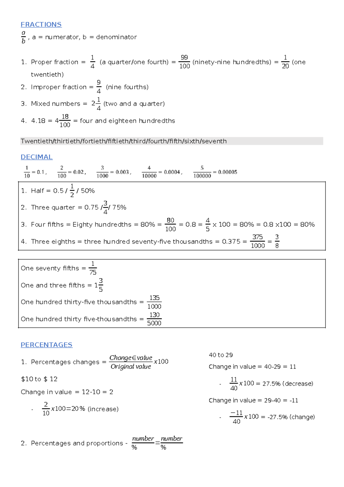 PMTH001 - Chapter 2 - useful - FRACTIONS a b , a = numerator, b ...