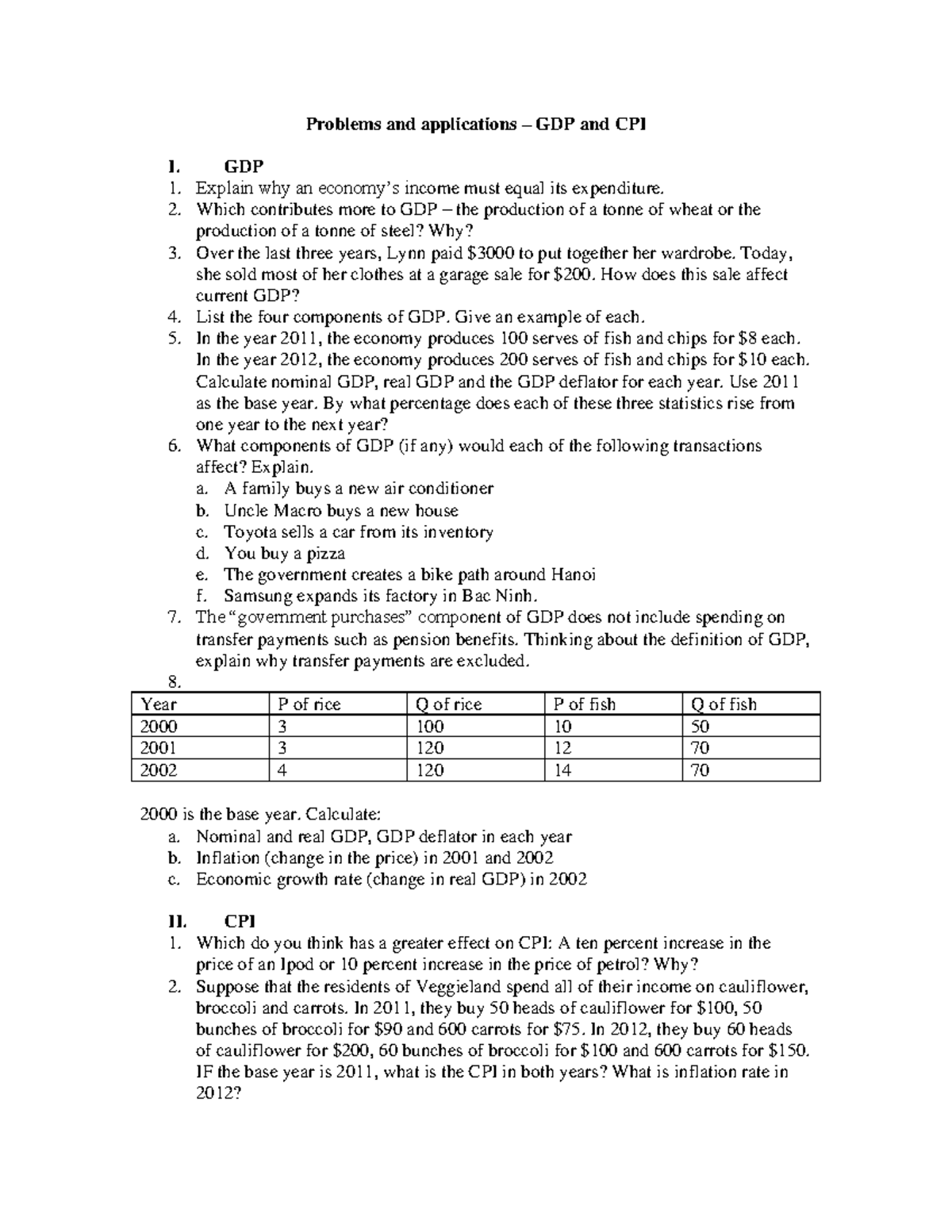 GDP and CPI - try you best - Problems and applications – GDP and CPI I. GDP Explain why an ...
