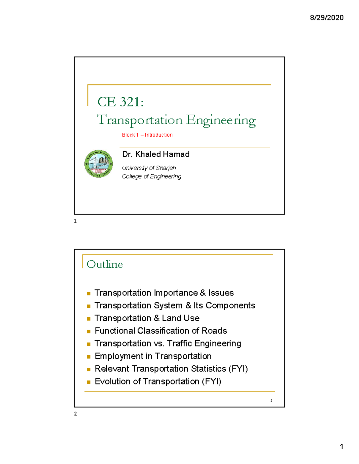 CE321-Transport Block 1 - CE 321: Transportation Engineering Dr. Khaled Hamad University of ...