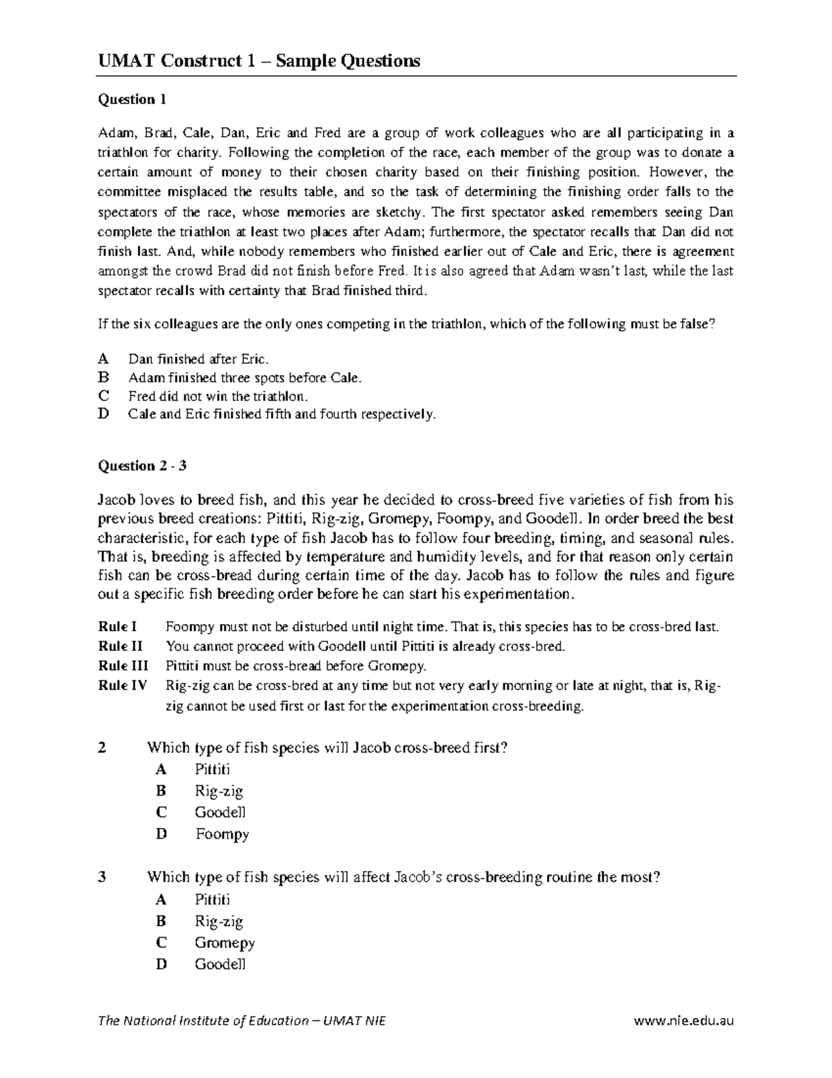 UMAT Free Questions test - UMAT Construct 1 – Sample Questions Question ...