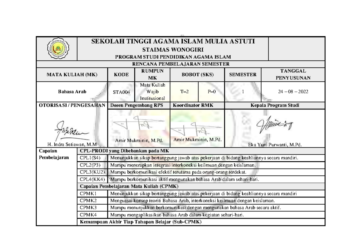 RPS Bahasa ARAB - rps - SEKOLAH TINGGI AGAMA ISLAM MULIA ASTUTI STAIMAS ...