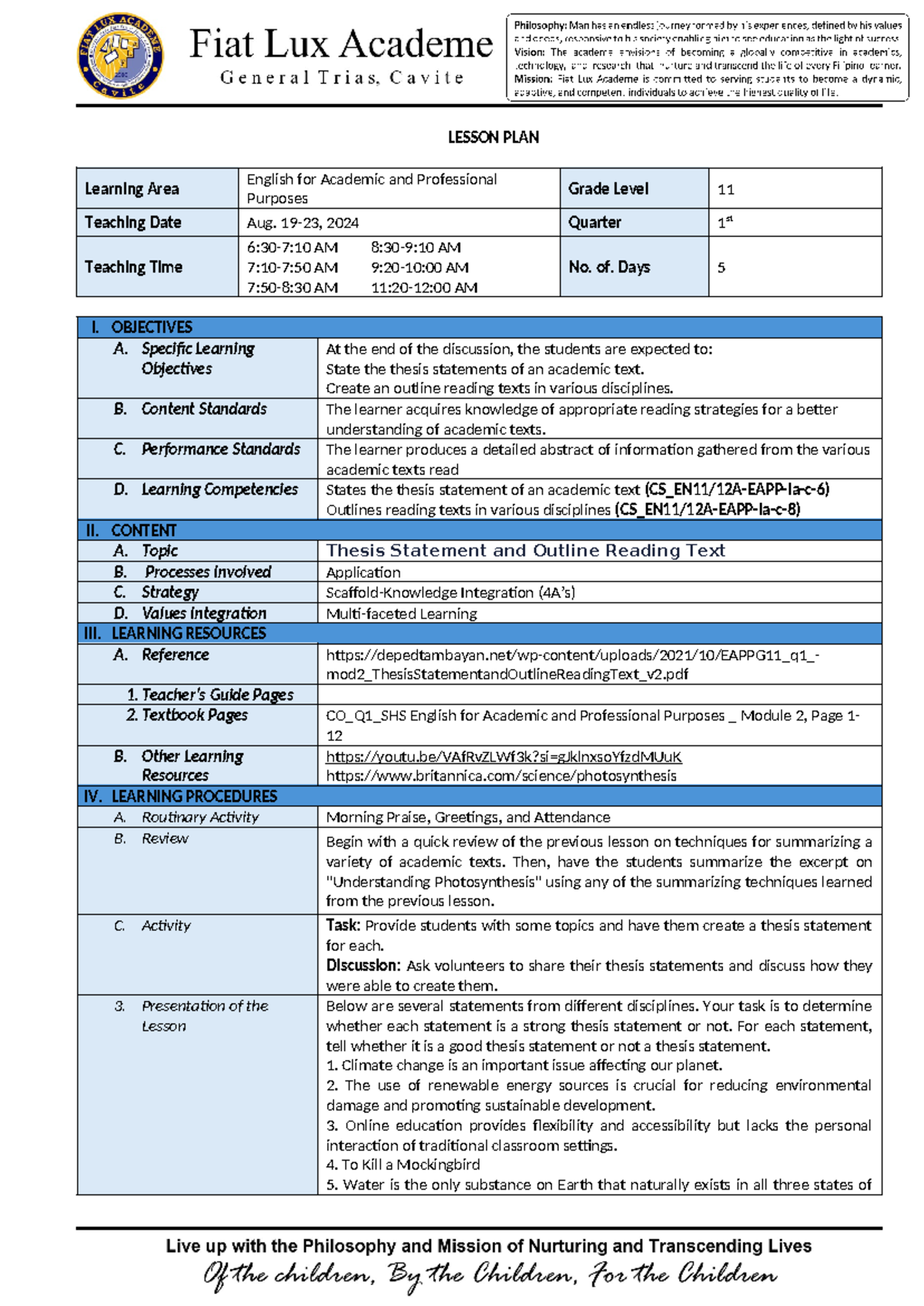 EAPP LPWK 2 - LP in EAPP - LESSON PLAN Learning Area English for ...