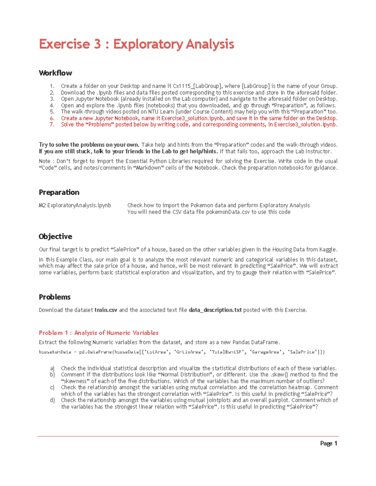 Exercise 3 Problem - ........... - Page 1 Exercise 3 : Exploratory Analysis Workflow Create a ...