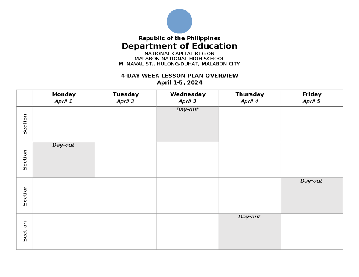4-DAY WEEK LESSON PLAN OVERVIEW WITH SECTIONS - English - Republic of ...