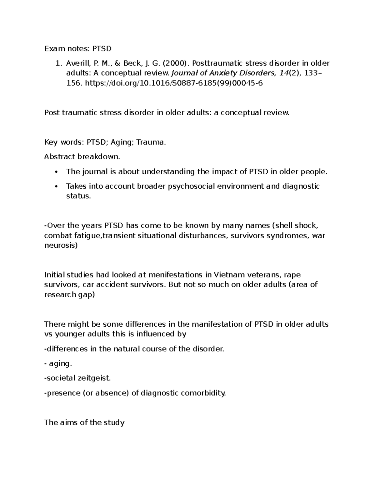 Exam notes - misc - Exam notes: PTSD 1. Averill, P. M., & Beck, J. G ...