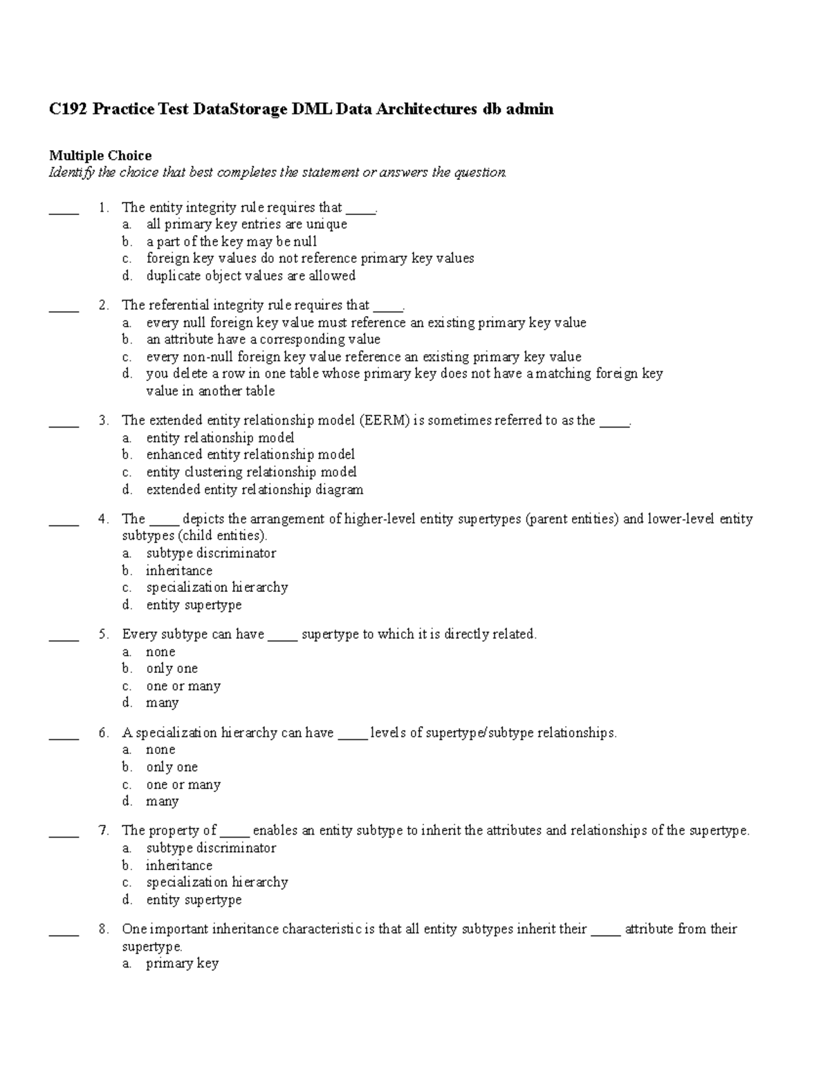 C192 Practice Test data storage data architectures db admin printed ...