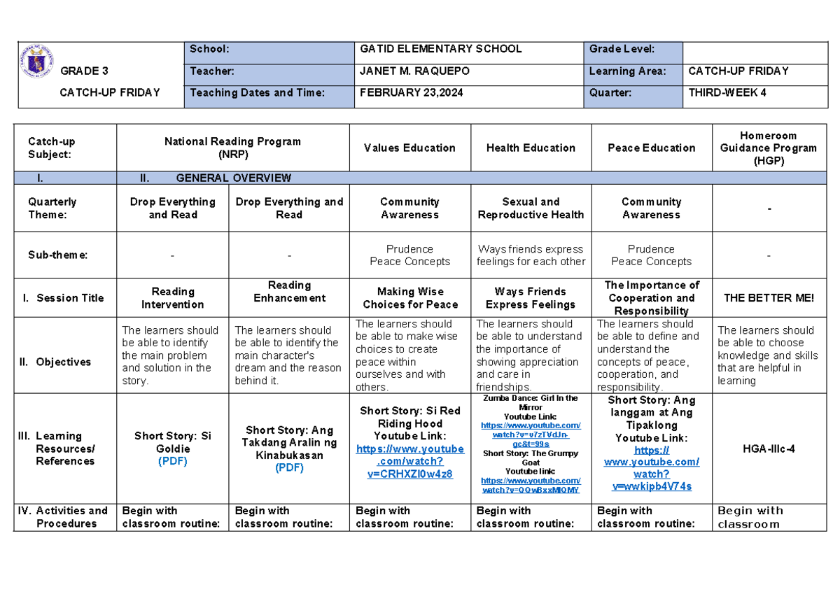 DLL Catch UP Friday WEEK 4 - GRADE 3 CATCH-UP FRIDAY School: GATID ...
