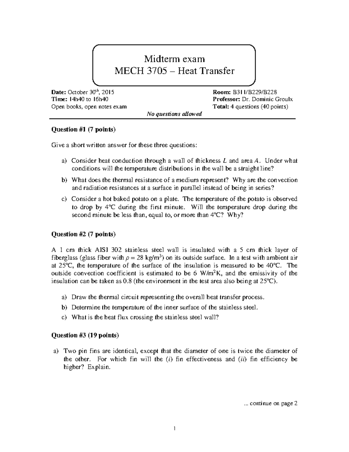 Heat Transfer Midterm Exam 2015 - 1 Midterm exam MECH 3705 – Heat ...