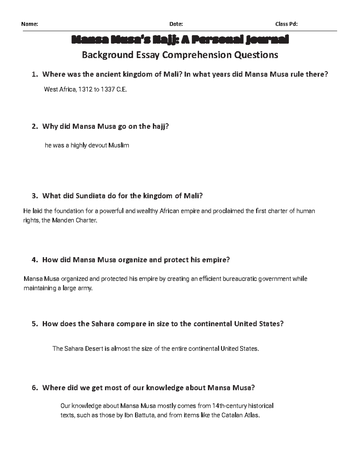 Isaiah Fernell - Mansa Musa’s Hajj A Personal Journal - Name: Date ...