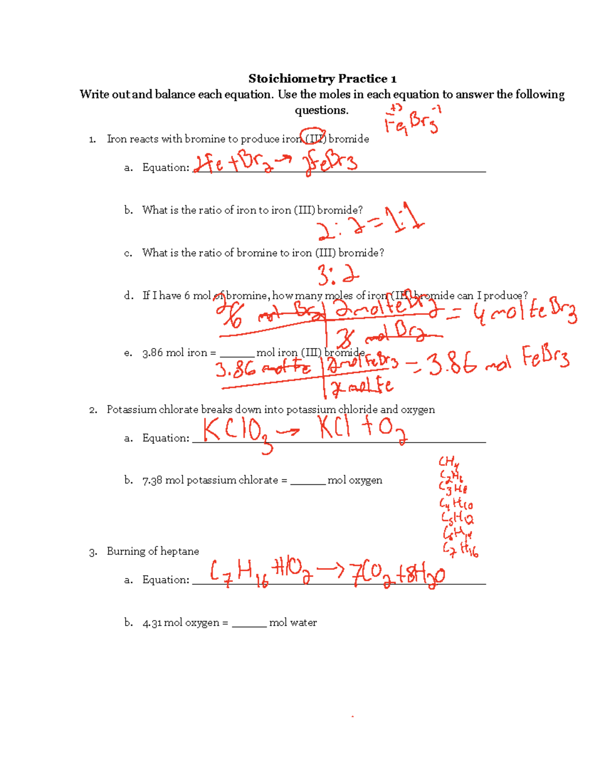 Copy of Stoichiometry Practice 1 - Stoichiometry Practice 1 Write out ...