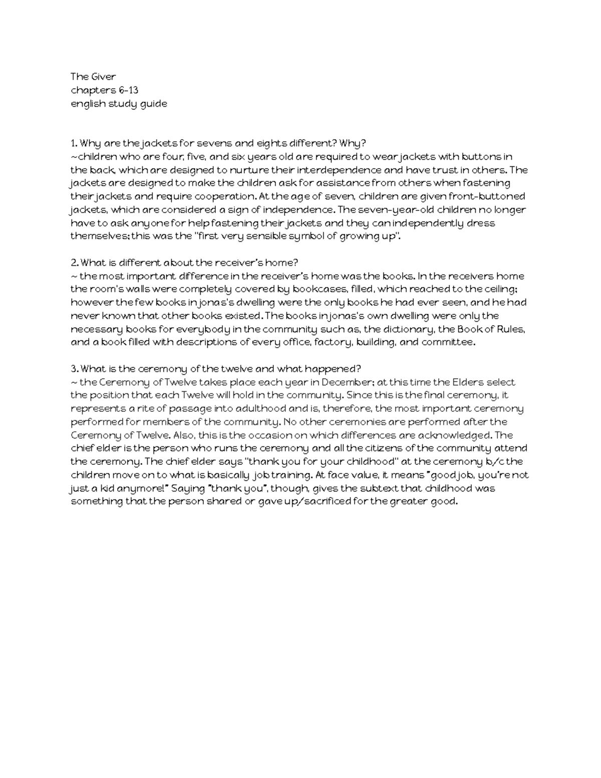 The giver chp 6-13 study guide - The Giver chapters 6- english study ...