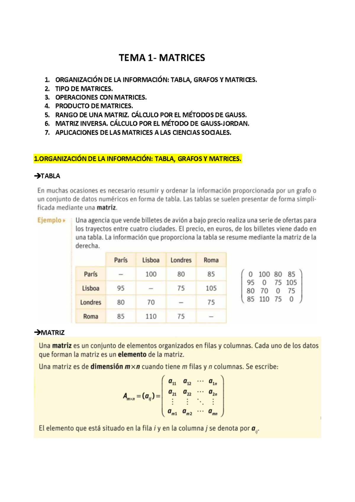TEMA 1- Matrices - TEMA 1- MATRICES 1. ORGANIZACIÓN DE LA INFORMACIÓN: TABLA, GRAFOS Y MATRICES ...