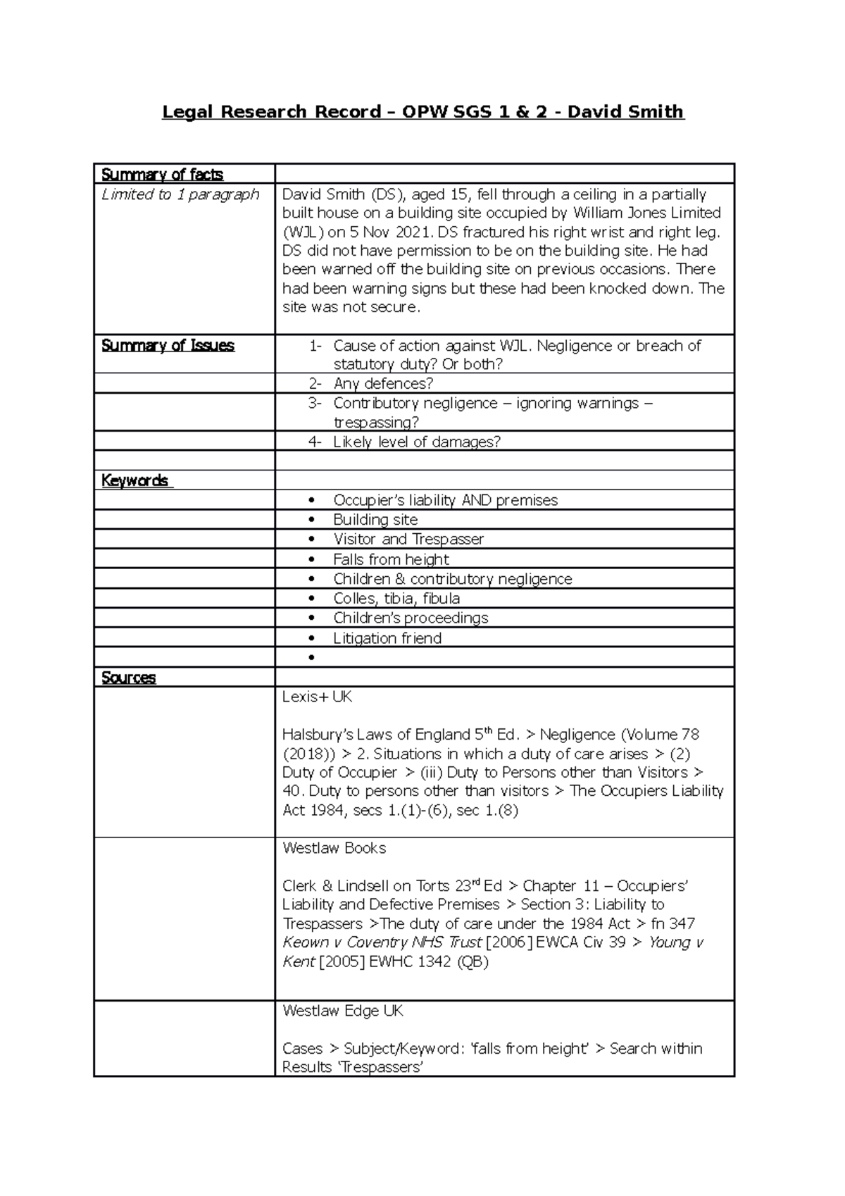 OPW SGS 1 - Legal Research Record (completed) - Legal Research Record ...