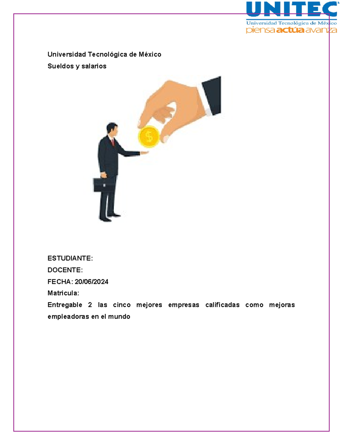 Sueldos y Salarios E2 tarea - Universidad Tecnológica de México Sueldos ...