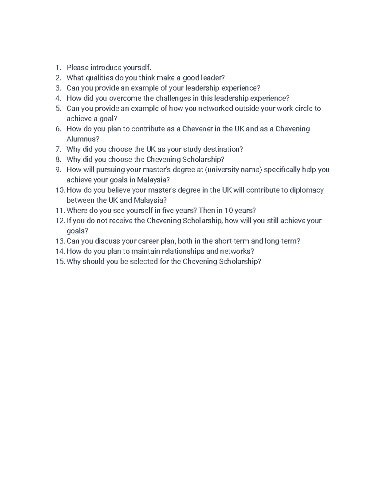 Example 1 - Potential Qs for Chevening - Please introduce yourself ...