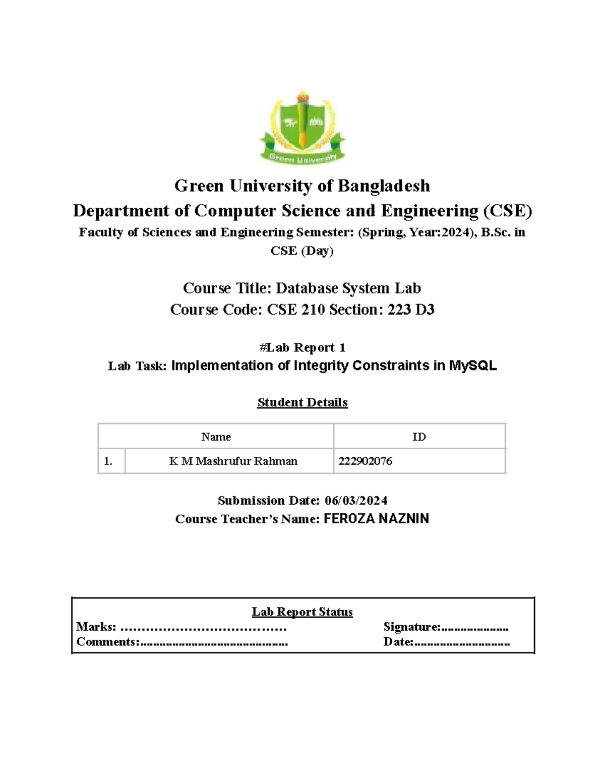 Database Lab Report - ...... - Green University of Bangladesh ...