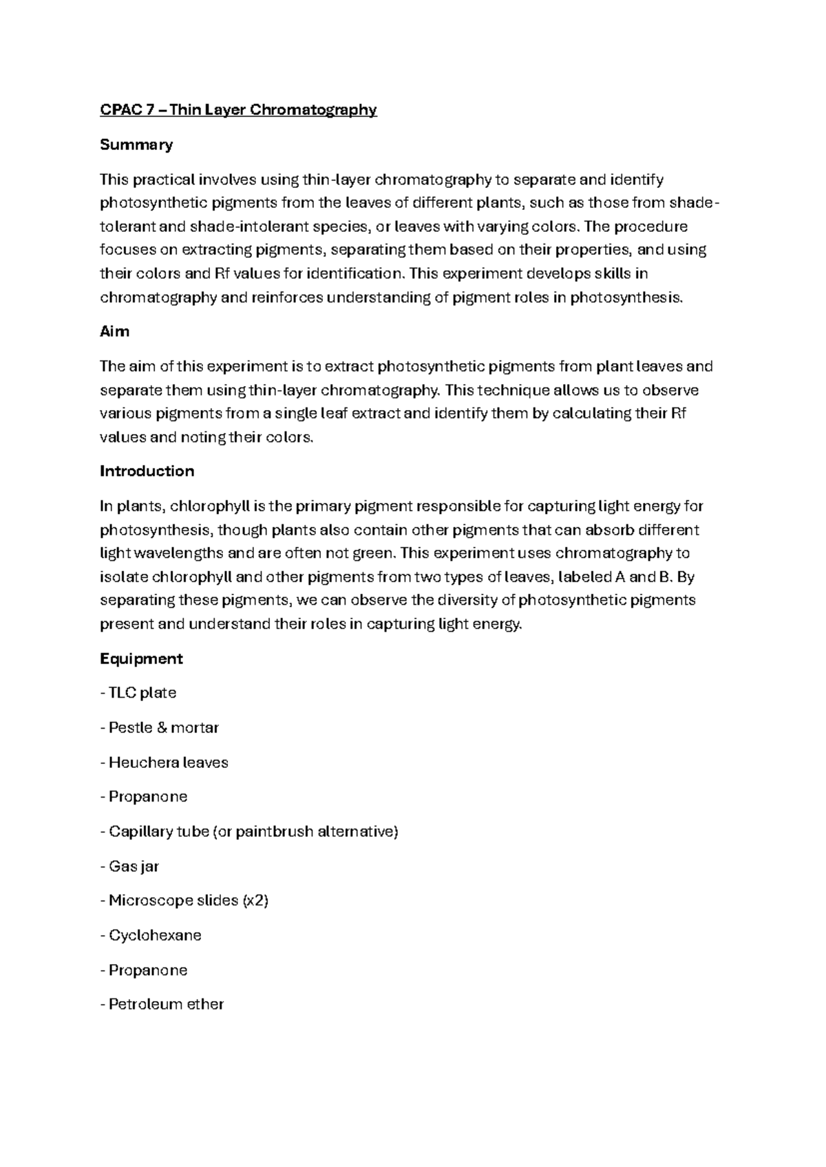 Cpac7 - CPAC 7 – Thin Layer Chromatography Summary This practical involves using thin-layer ...