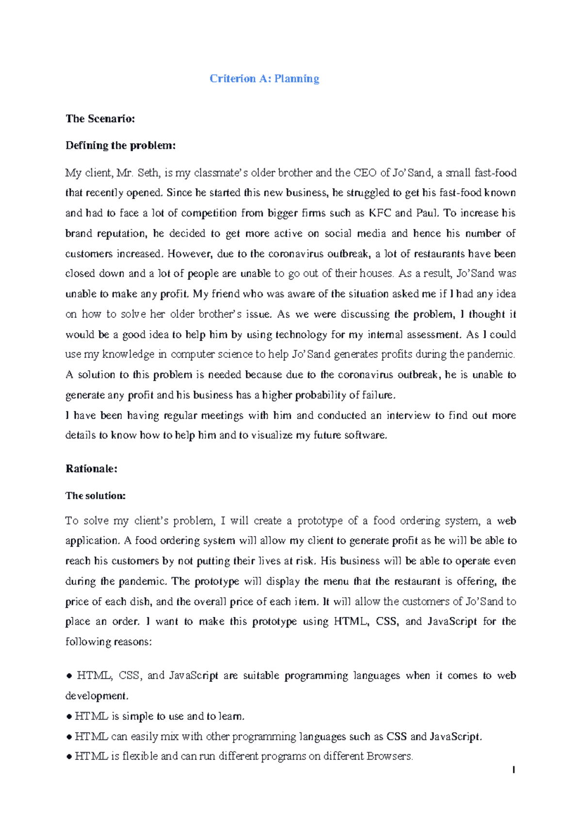 Criterion A Planning - 1 Criterion A: Planning The Scenario: Defining ...
