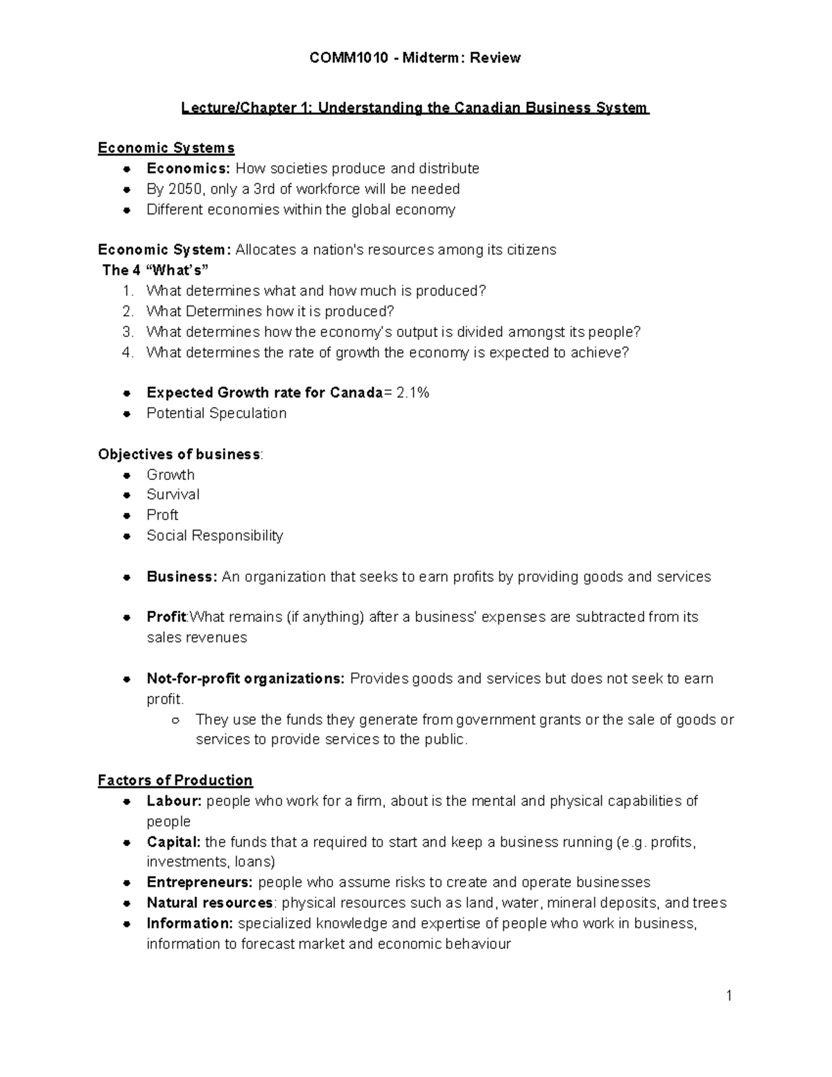 COMM1010 Notes for Mid Term 1 - Lecture/Chapter 1: Understanding the ...