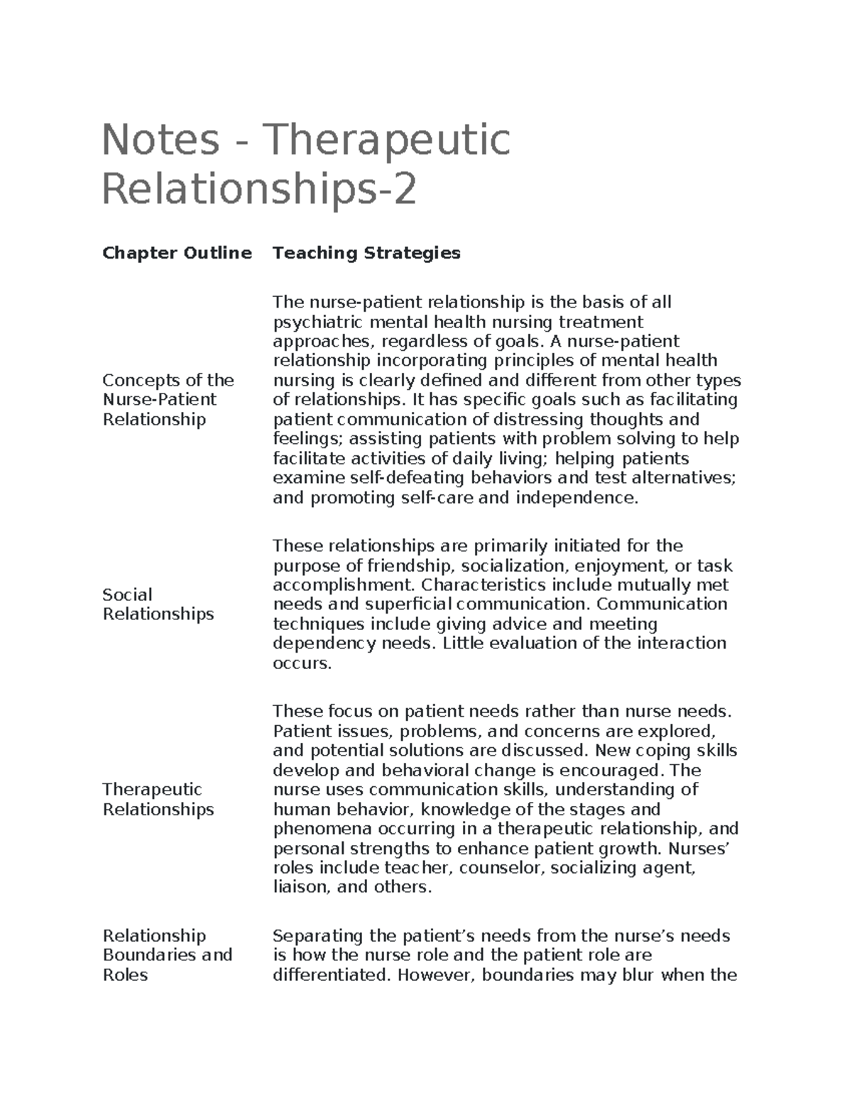 Theraputic relationships - Notes - Therapeutic Relationships- Chapter ...