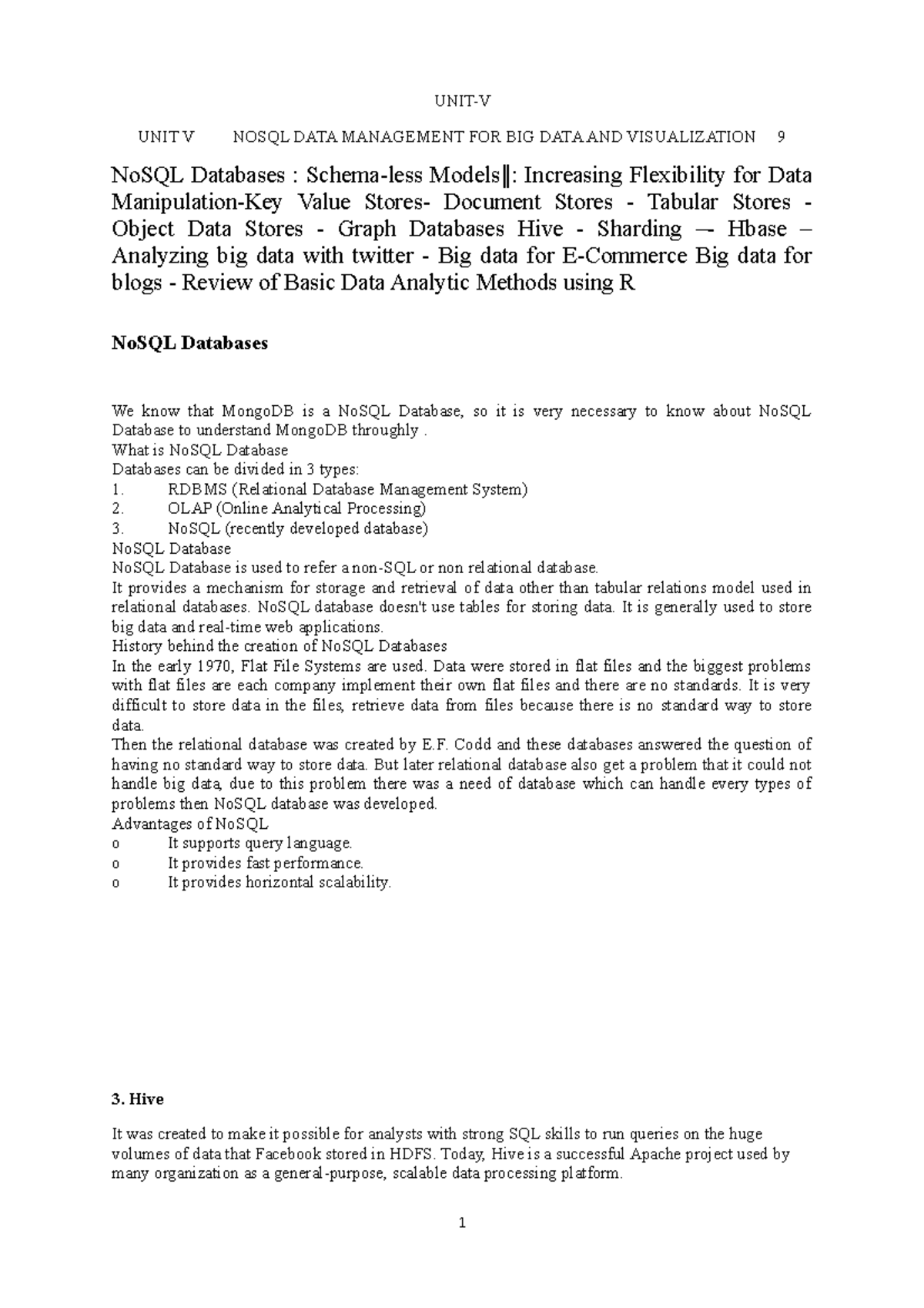 UNIT 5- Beyond THE SYLL - UNIT-V UNIT V NOSQL DATA MANAGEMENT FOR BIG DATA AND VISUALIZATION 9 ...