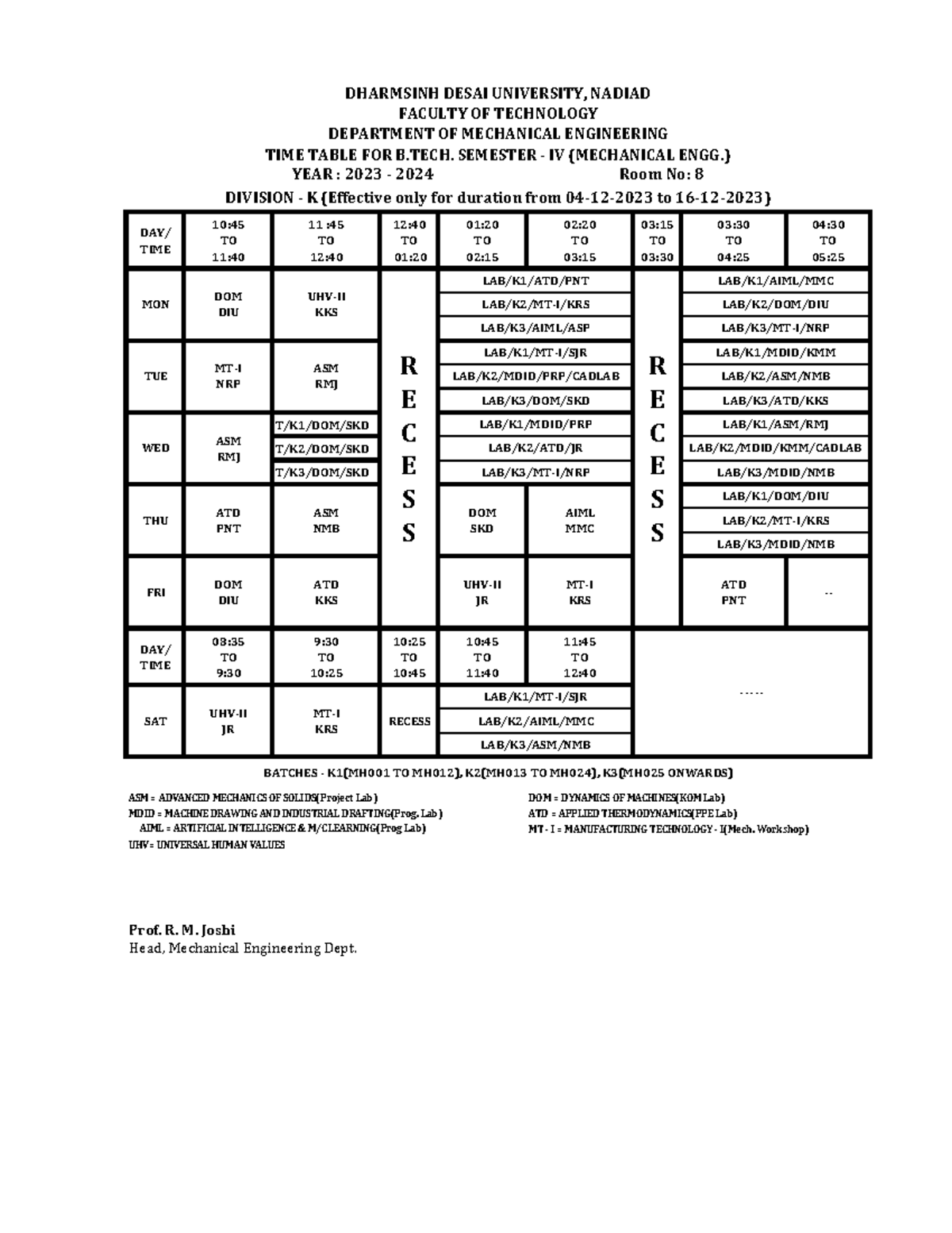Time table BTech Sem IV Mechanical 2022-23 Temporary for 2 weeks - DAY/ TIME 10: TO 11: 11 : TO ...