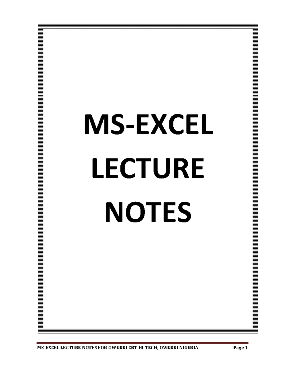 Excel Learning Material MS EXCEL LECTURE NOTES PREAMBLE Microsoft