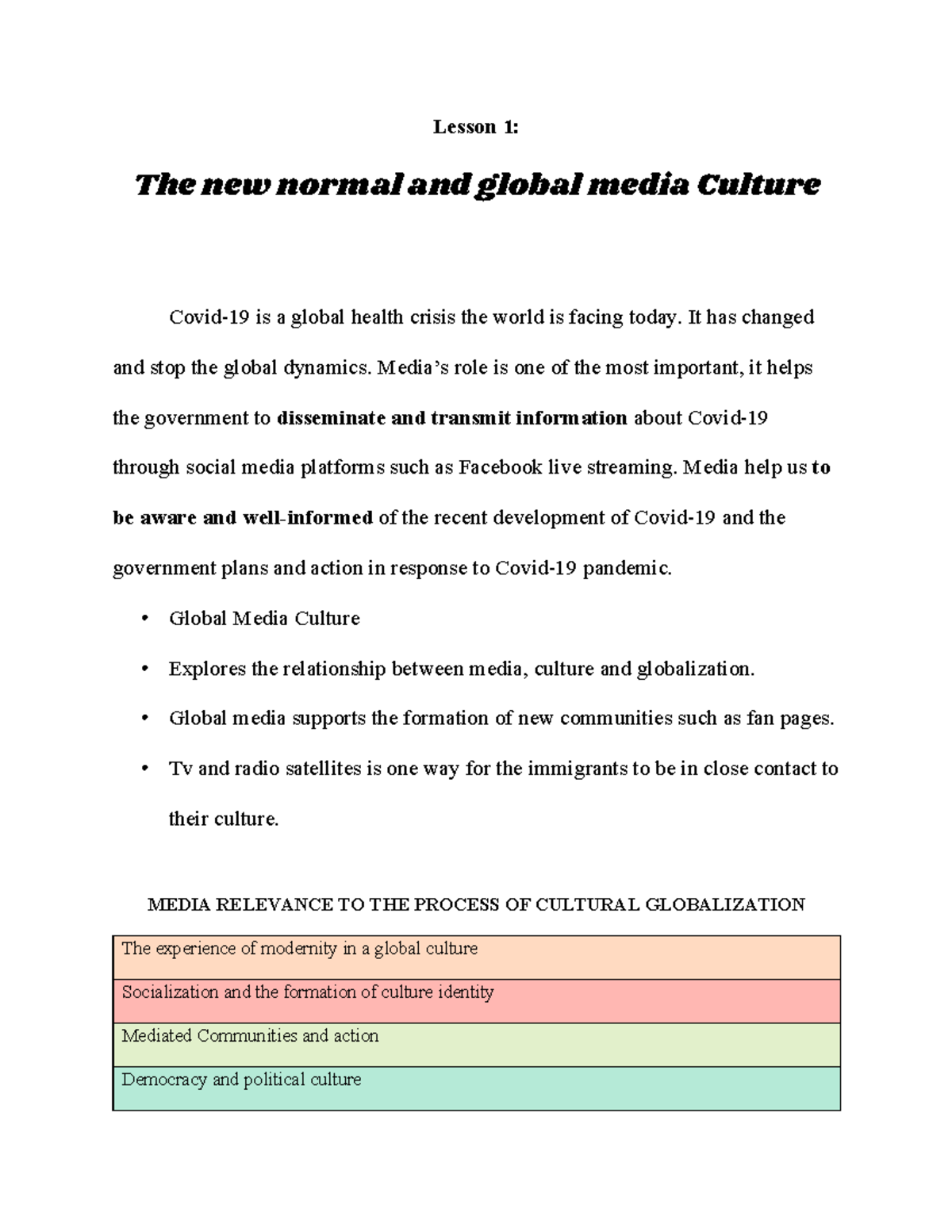 Lesson 1-5 lecture notes - Lesson 1: The new normal and global media ...