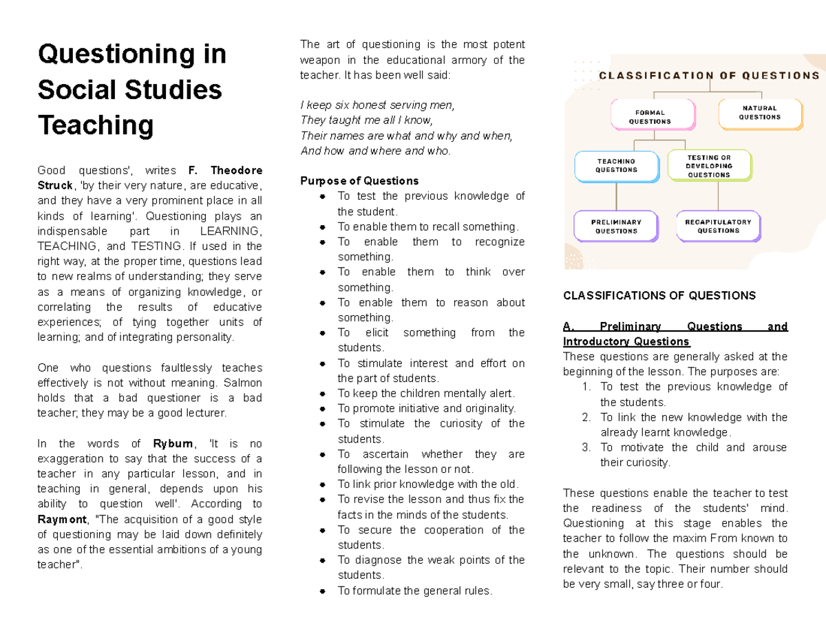 Art of Questioning - Questioning in Social Studies Teaching Good ...
