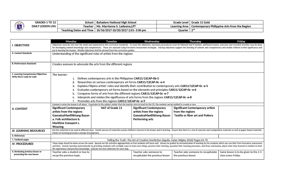 364184096 DLL for Contemporary Philippine Arts From the Region - GRADES ...