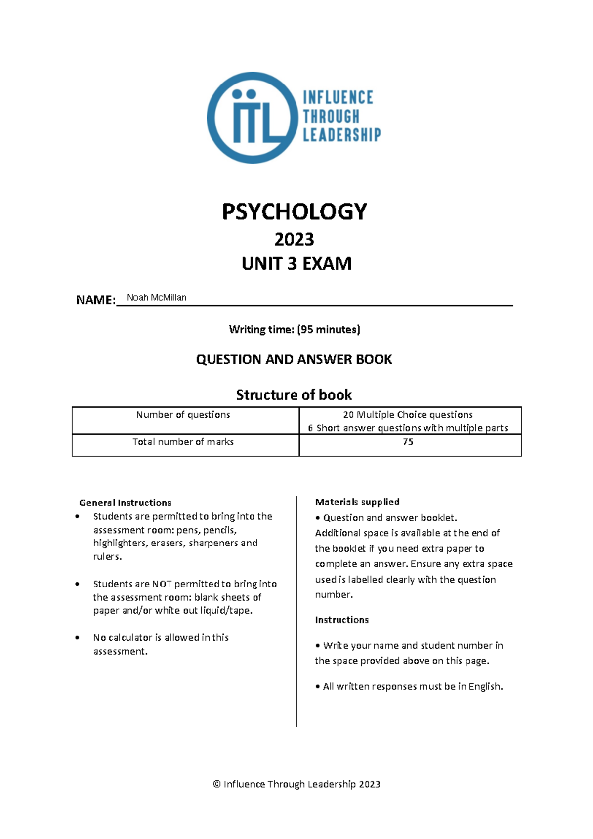 2023 Psychology Unit 3 Examasd - PSYCHOLOGY 2023 UNIT 3 EXAM - Studocu