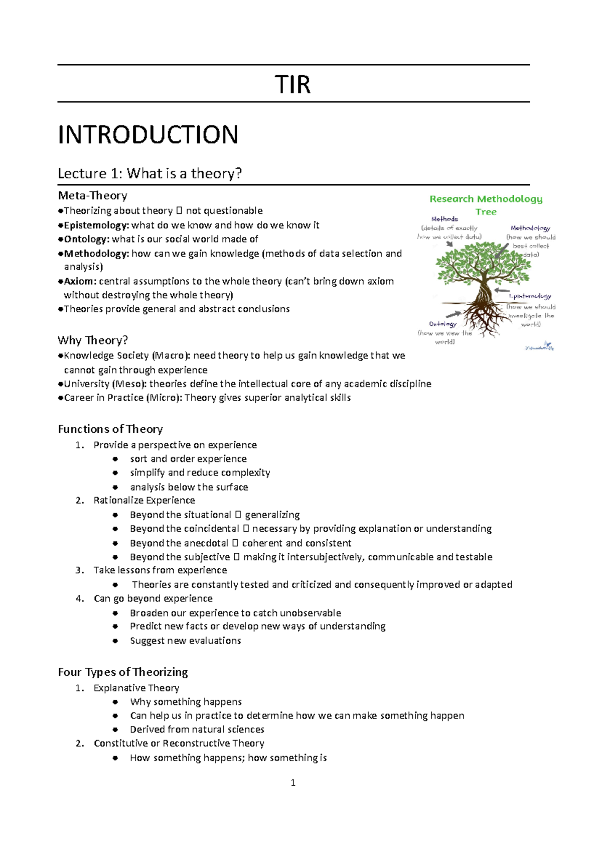 TIR summary - TIR INTRODUCTION Lecture 1: What is a theory? about ...