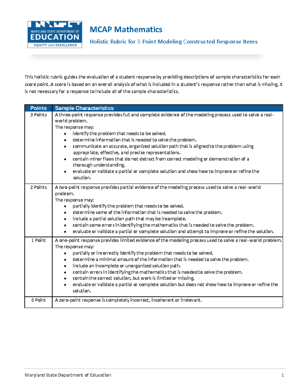 Rubric for Modeling - School purposes - Maryland State Department of ...