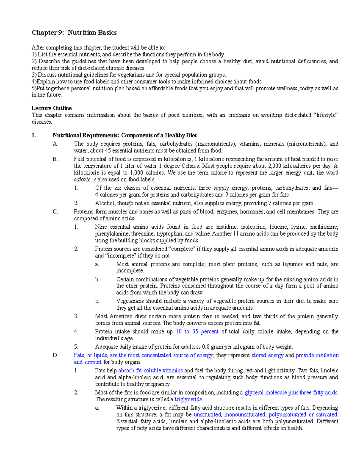 Chapter 9 - Lecture notes 9 - Chapter 9: Nutrition Basics After ...