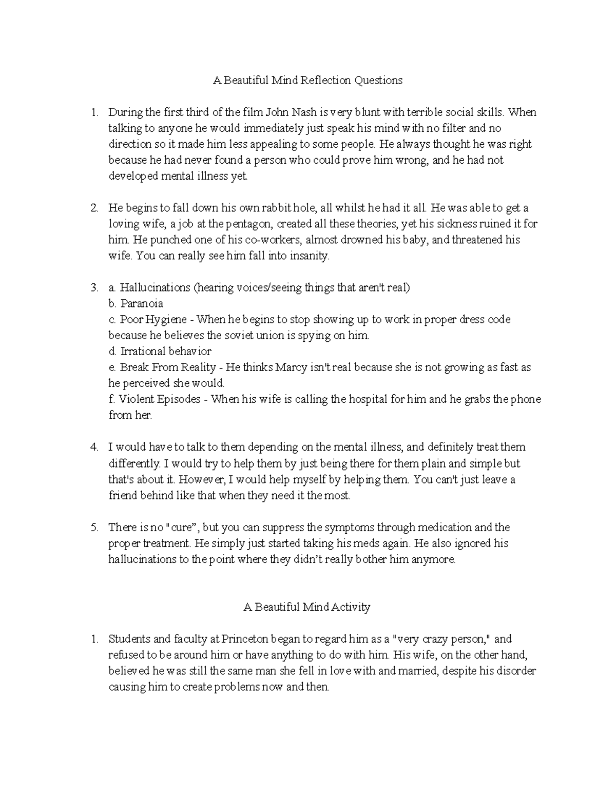 A Beautiful Mind Reflection Questions - A Beautiful Mind Reflection ...