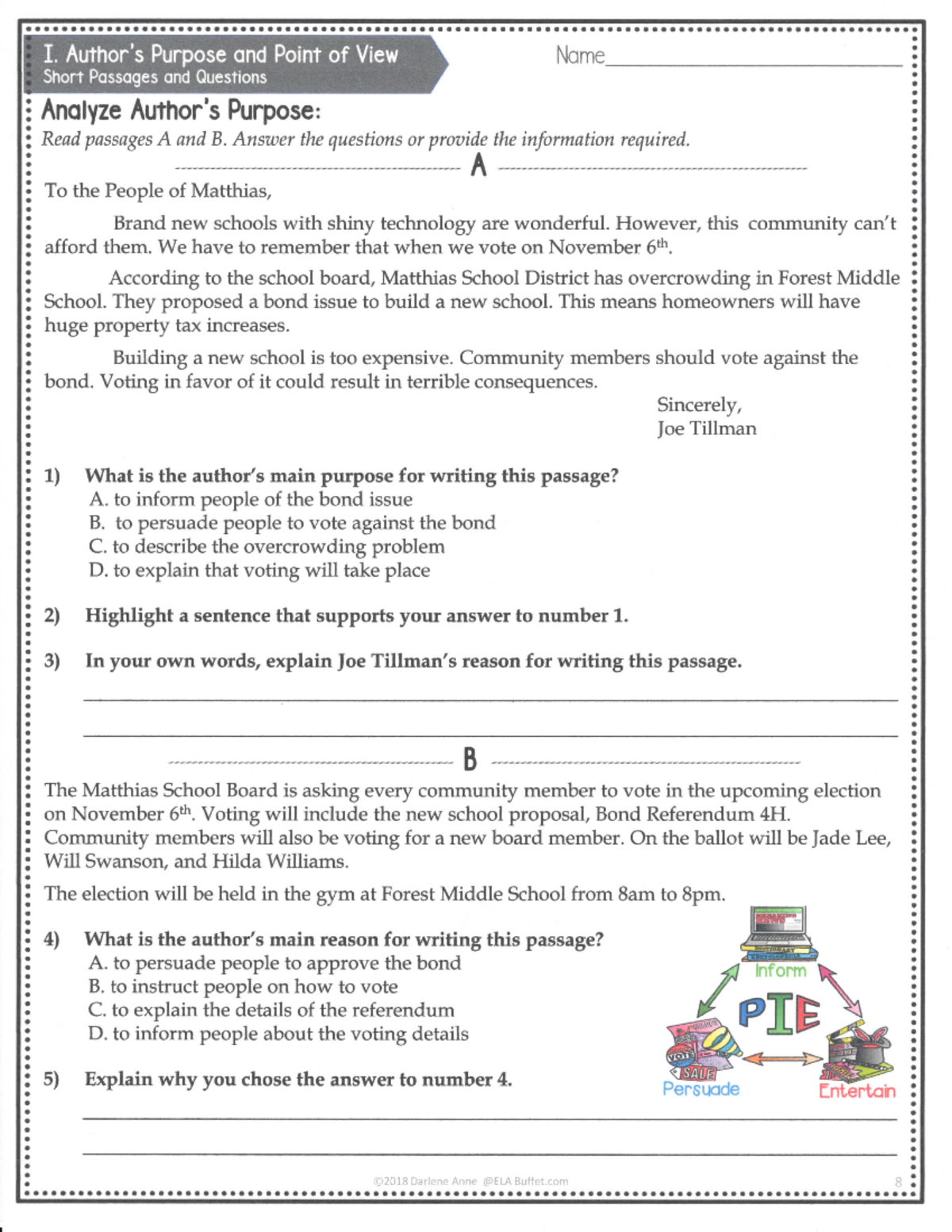 Helps with intro - Name Ancllyze Author's Purpose: •.. Read passages A ...