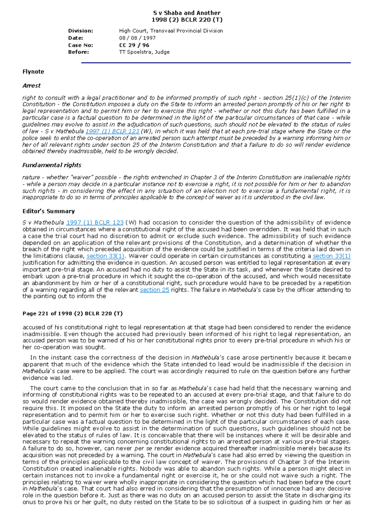 S v Shaba and Another 1998 (2) BCLR 220 (T) - S v Shaba and Another ...