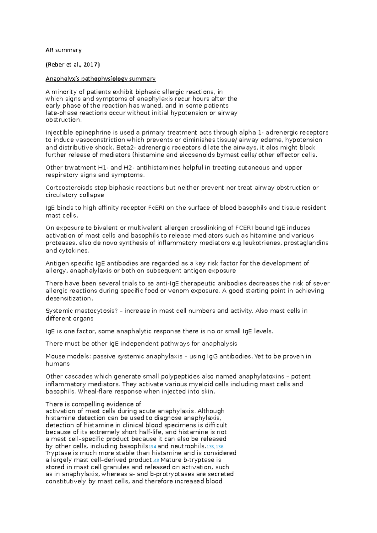 AR summary papers - AR summary (Reber et al., 2017) Anaphalyxis pathophysiology summary A ...