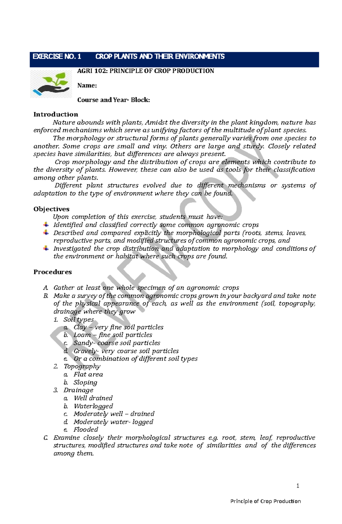 Principle OF CP Exercise 1 - AGRI 102: PRINCIPLE OF CROP PRODUCTION Name: Course and Year- Block ...