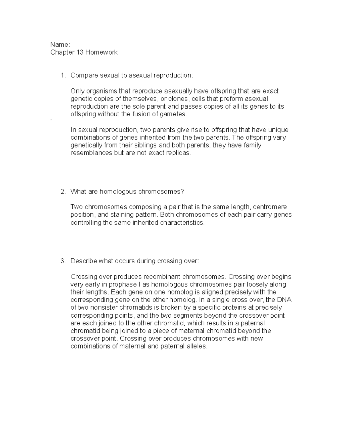 Chapter 13 Homework - Name: Chapter 13 Homework Compare sexual to ...
