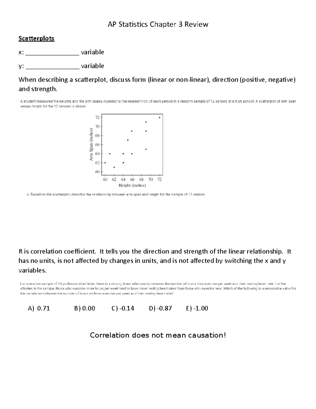Chapter 3 Review - AP Statistics Chapter 3 Review Scatterplots x ...